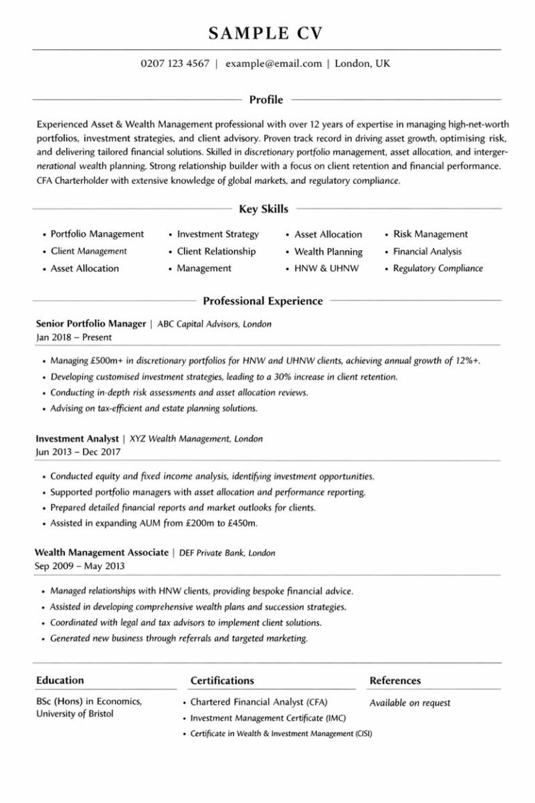 Asset & Wealth Management cv sample