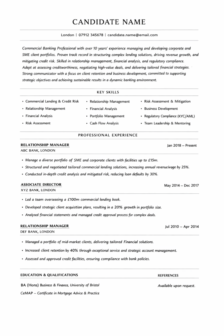 Commercial Banking CV template example