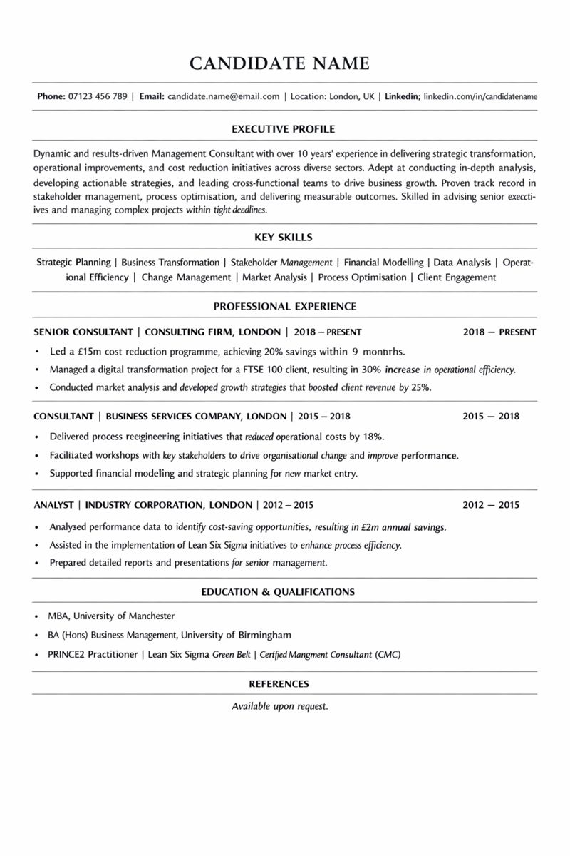 Management Consultancy CV Sample | Management Consultancy CV Example