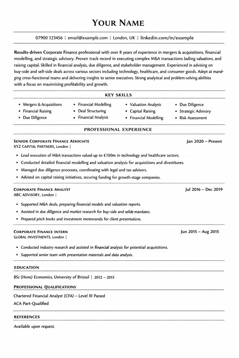 Corporate Finance CV Sample