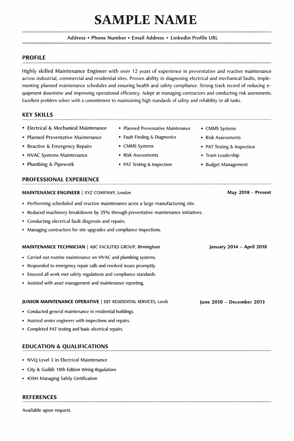 Maintenance CV Sample