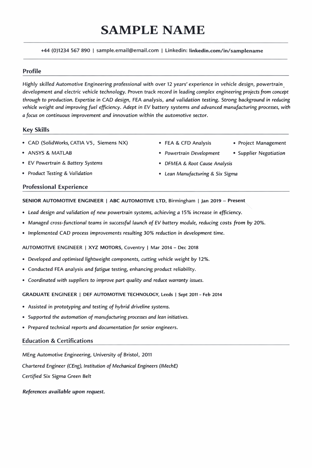 Automotive Engineering CV Sample