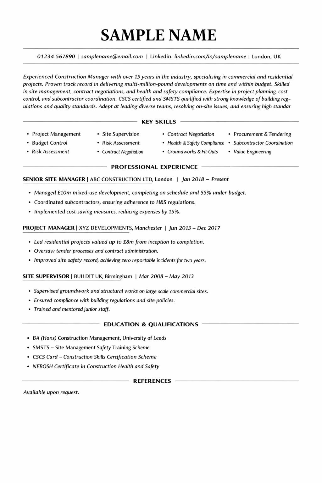 Construction CV Sample