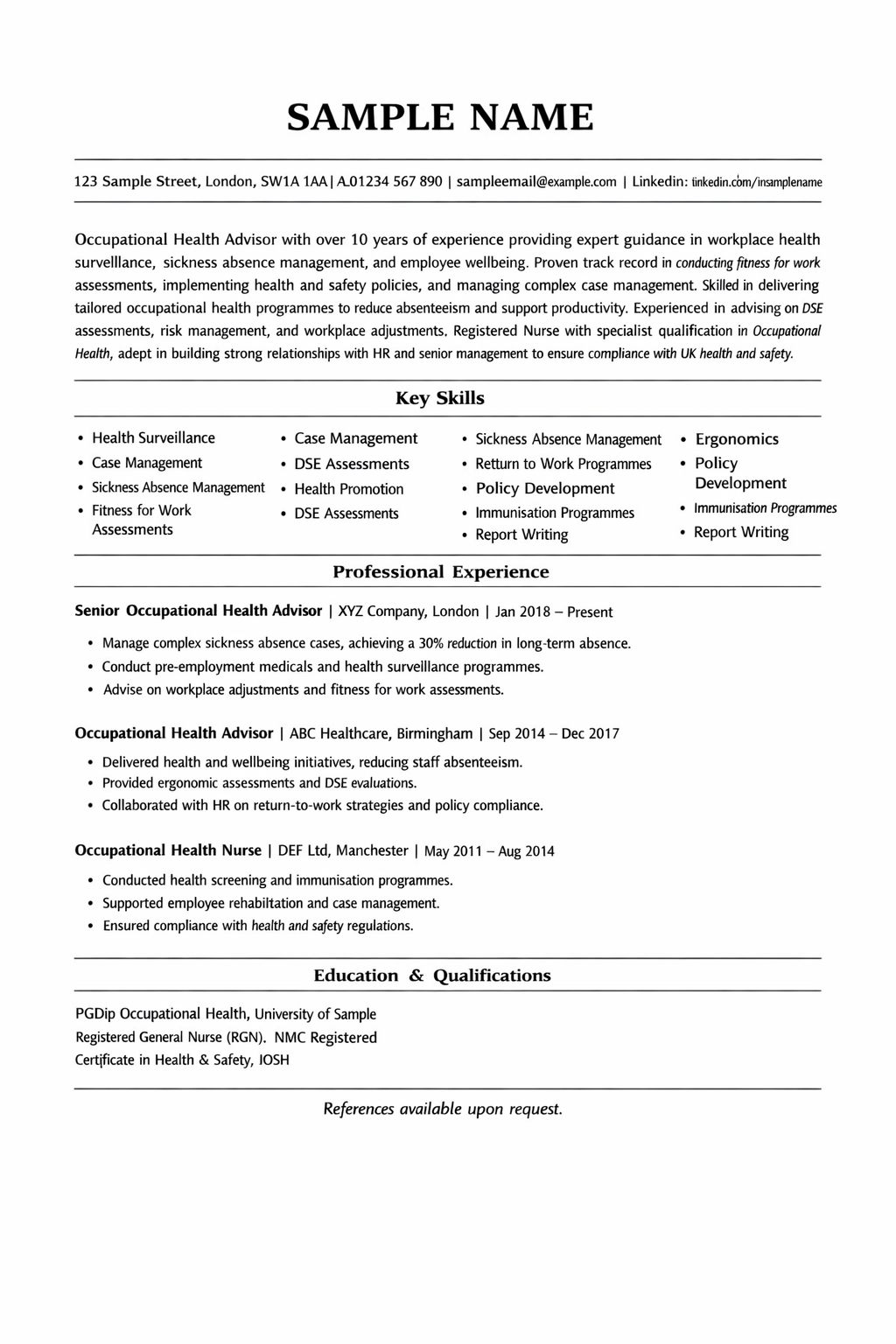 Occupational Health CV Sample
