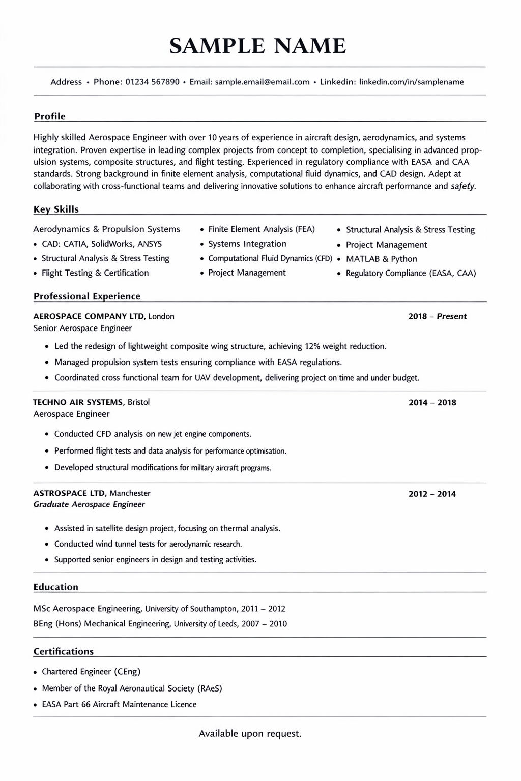 Aerospace Engineering CV Sample