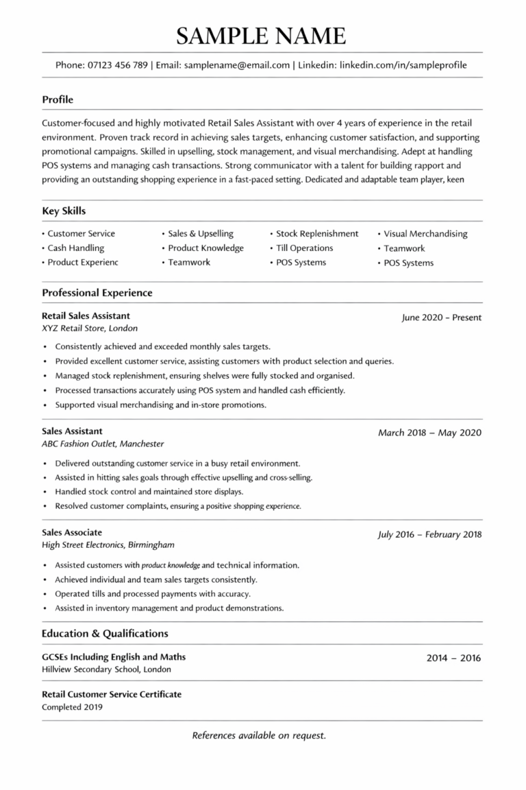 Retail Sales Assistant CV Sample