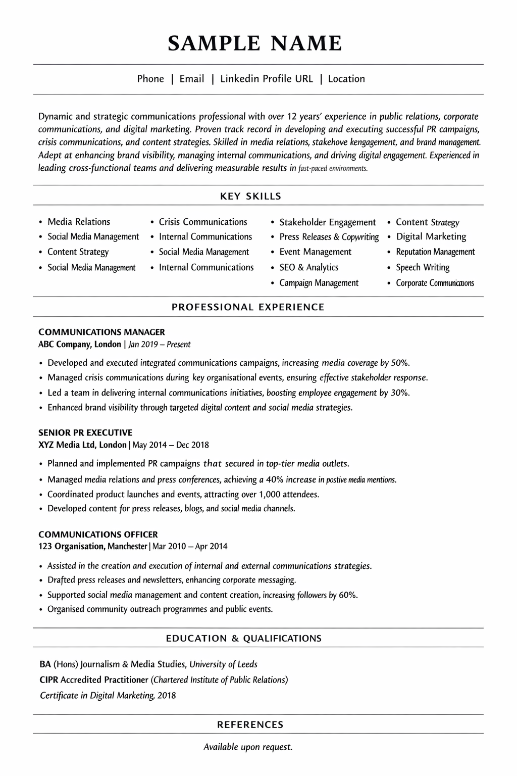 Communications CV Sample