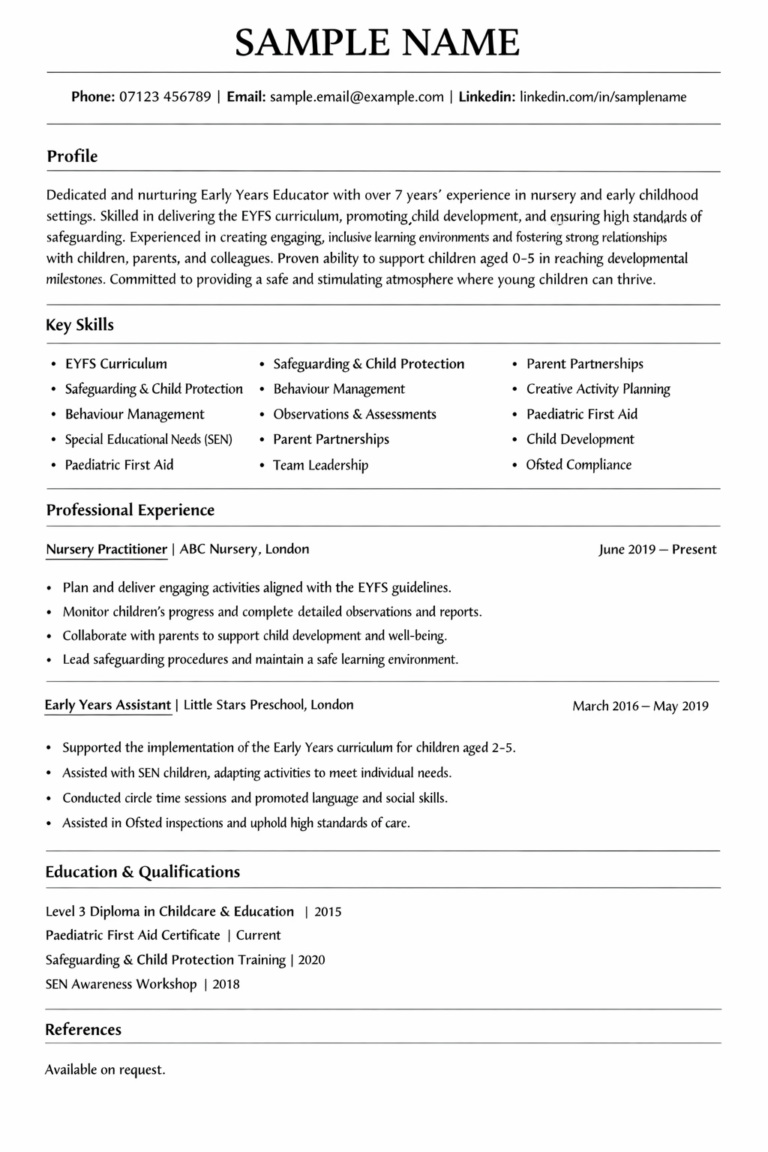 Early Years and Childcare CV Sample