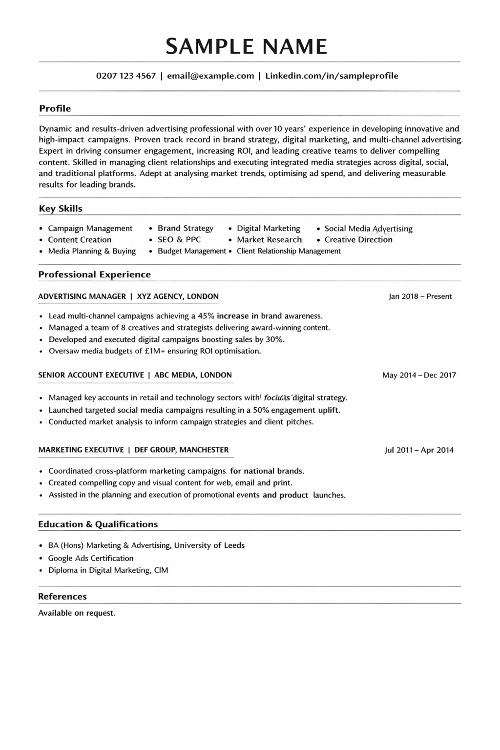 Advertising CV Sample