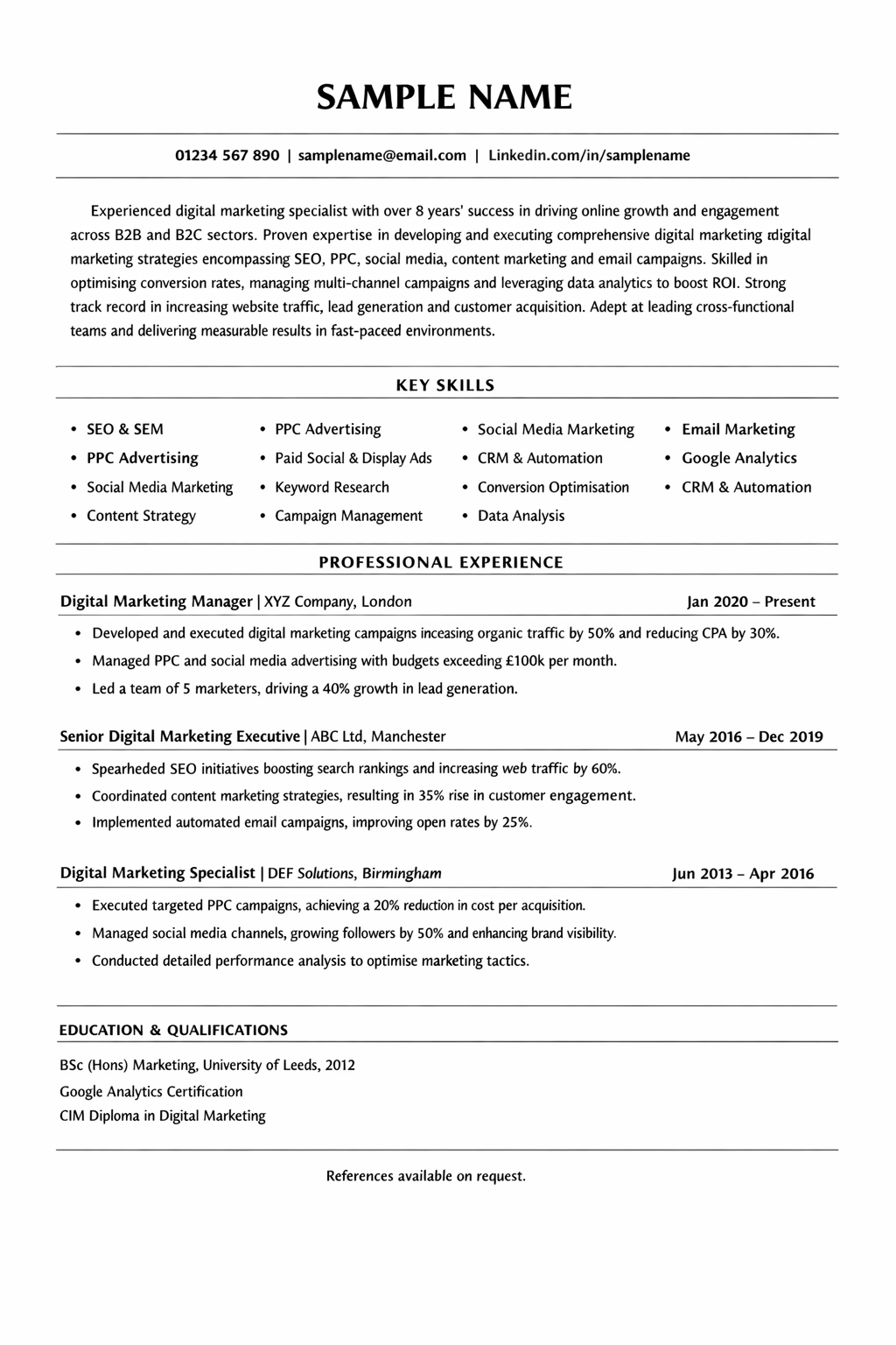 Digital Marketing CV Sample