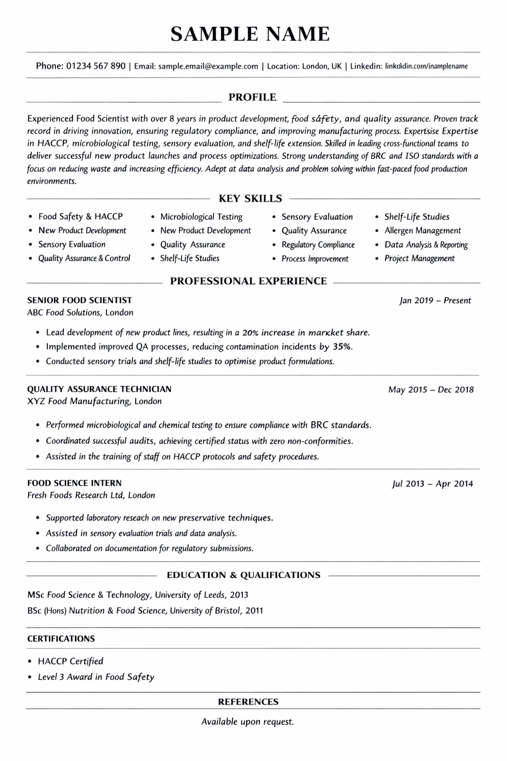 Food Science CV Sample